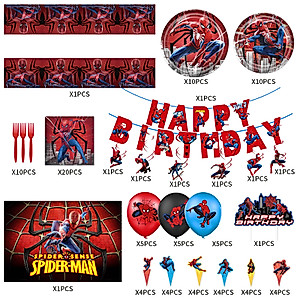 Spider Birthday Decorations, Superhero Spider Party Supplis include Plates Napkins Tablecloth Hanging Swirls Garland for Banner, Kids Birthday Party Supplies