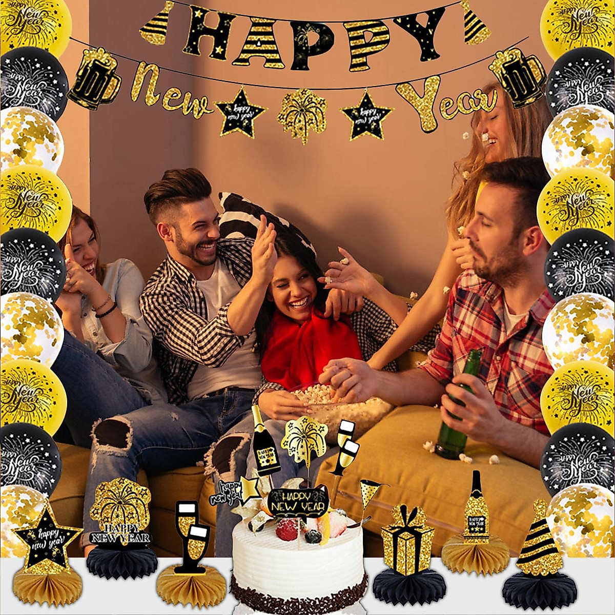 New Year Decorations Kit, Black Bunting and Gold Alphabet Balloons, Cake Topper and Photo Booth Props, Eve Party Decor for Home and School Gatherings, Festive Backdrop for Celebrations