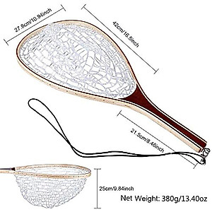 Mounchain Fishing Net Fly Fishing Landing Net, Wooden Frame Fish Net with Soft Rubber Mesh for Trout Catch and Release Net Gifts for Father Men