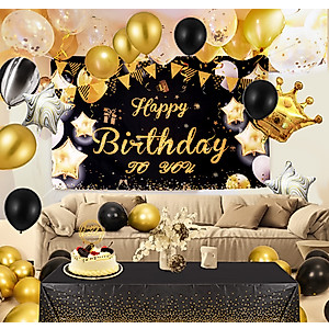KATBUU Gold and Black Birthday Decorations - with Happy Birthday Banner, Gold and Black Balloons Arch Garland for Mens Women Girls Sweet 16th 21st 30th 40th 50th Birthday Party Decor Supplies