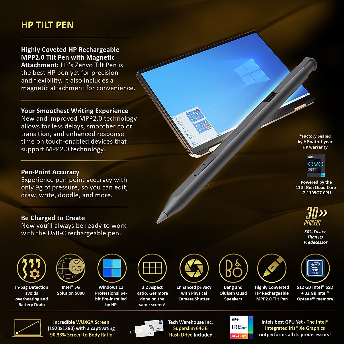 HP Spectre x360 Luxury 14T, 13.5" 3:2 WUXGA Touch, Intel i7-1195G7, 16GB RAM, 512GB SSD+32GB Optane, Intel 5G nanoSim Slot, Fingerprint, Tilt Pen, Black, Win 11 Pro, 64GB TechWarehouse Flashdrive