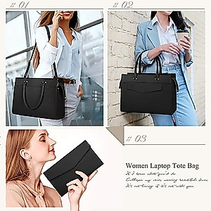 Laptop Bag for Women 15.6 inch Leather Tote Bag 2pcs Set Professional Work Bag with Envelope Clutch Bag Large Office Computer Bag Teacher Bag Shoulder Bag Satchel Purse, Black