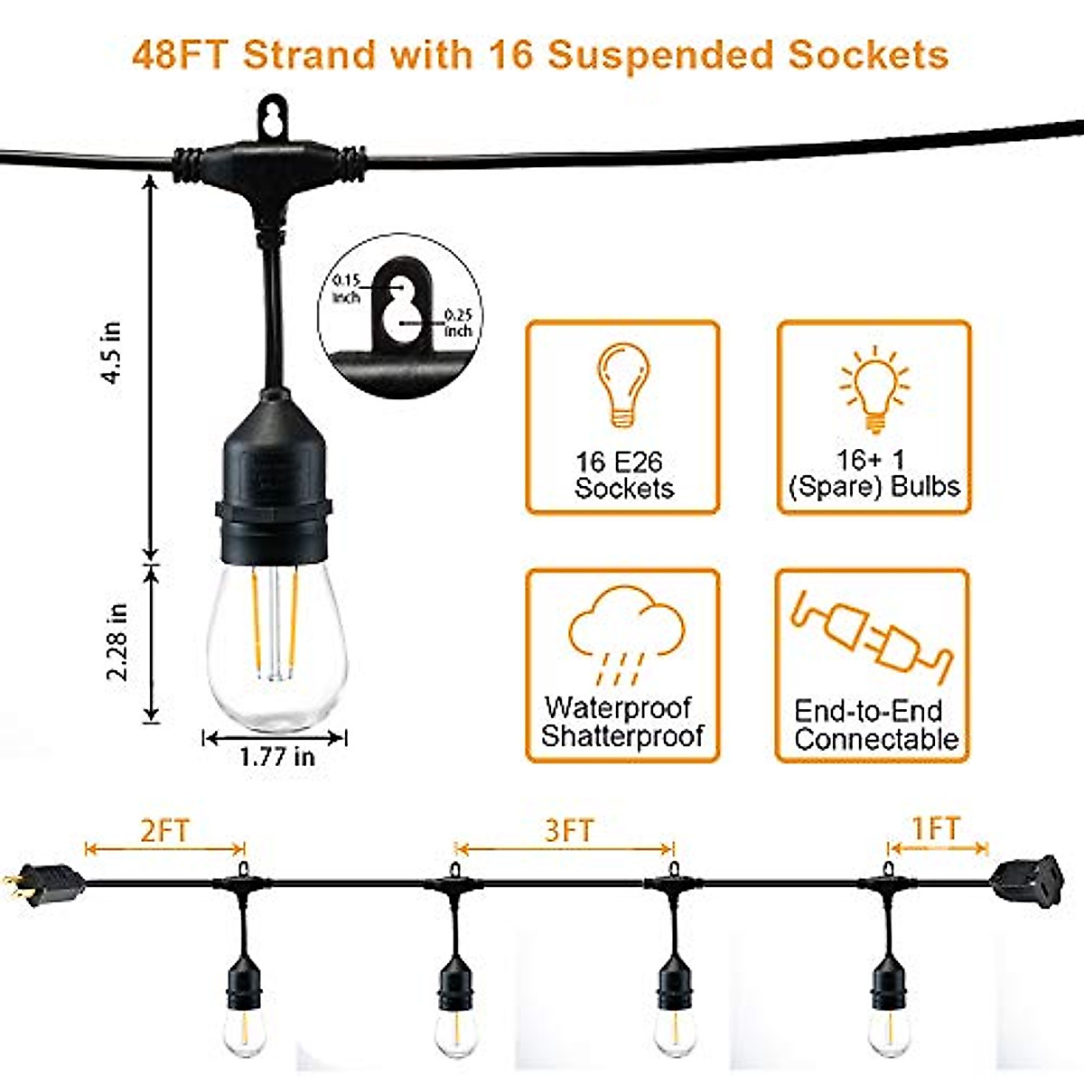 FMART LED Outdoor String Lights, 2*48FT(96FT Total) Hanging Lights Dimmable Commercial Grade UL ETL Listed Waterproof, 2X16 Sockets 2W 2700K Shatterproof Edison S14 Bulbs(2 Spare) Heavy Duty Lights