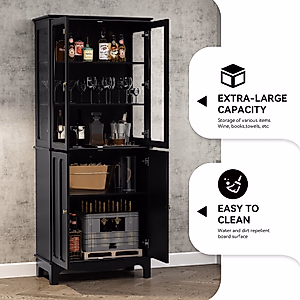 ARTPOWER 72" Freestanding Kitchen Pantry Storage Sideboard, Classical Tall Cabinet with Glass Door and Adjustable Shelves for Kitchen, Livingroom and Dining Room, Black