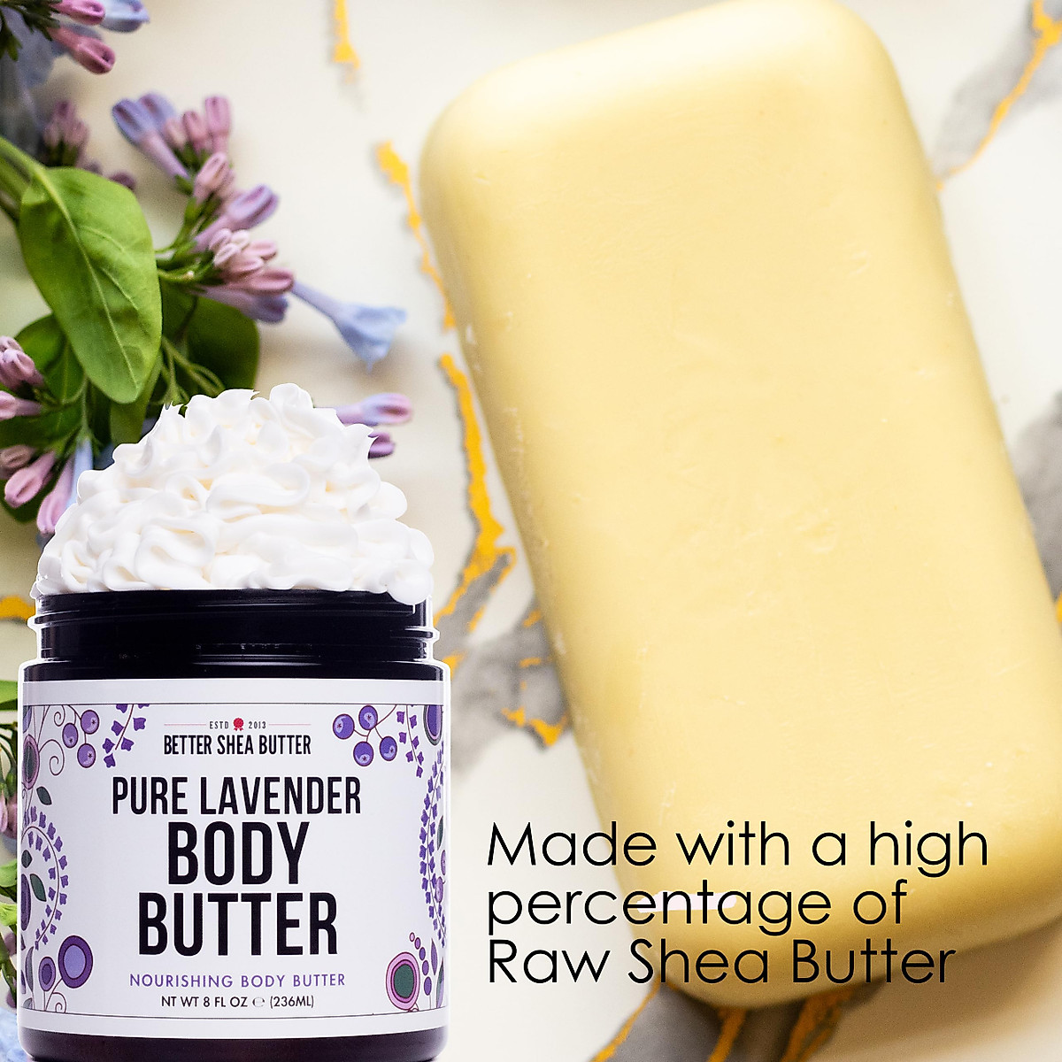 Lavender Body Butter with Shea Butter, Jojoba Oil & Lavender Essential Oil - Natural Lotion for Women, Non-Greasy Moisturizer for Dry Skin, Whipped Body Cream with Lavender Oil for Skin