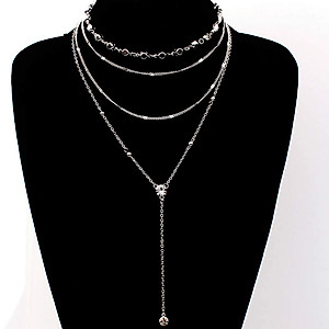 Zehope Layered Y Necklace Silver Rhinestone Necklaces Sparkly Long Elegant Necklace for Women