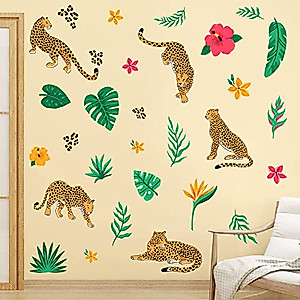 WOYINIS Leopard Cheetah Jaguar Wall Decal Stickers DIY Palm Leaves Plants Flowers Wall Decals Removable Peel & Stick Tropical Wall Decals for Living Room Bedroom Playroom Classroom Nursery Wall Decor