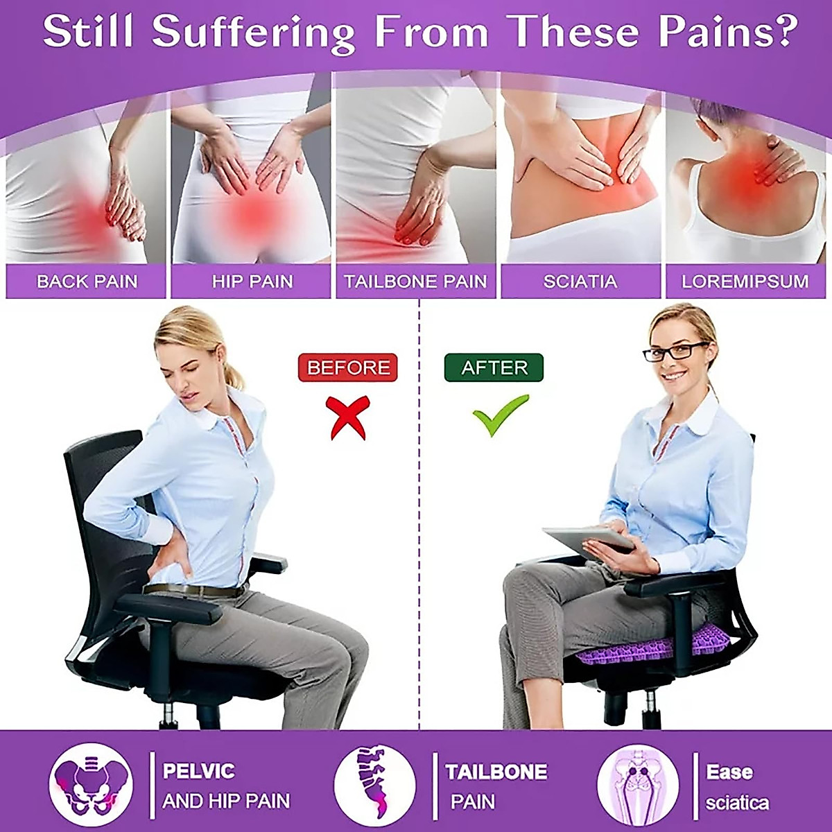 Aiouarc Gel Seat Cushion for Long Sitting, Desk Chair Cushion, Pain Relief Cushion, Office Chair Cushion, Cushion Tailbone Pain, Wheelchair Cushion, Car Seat Cushion, Chair Cushion