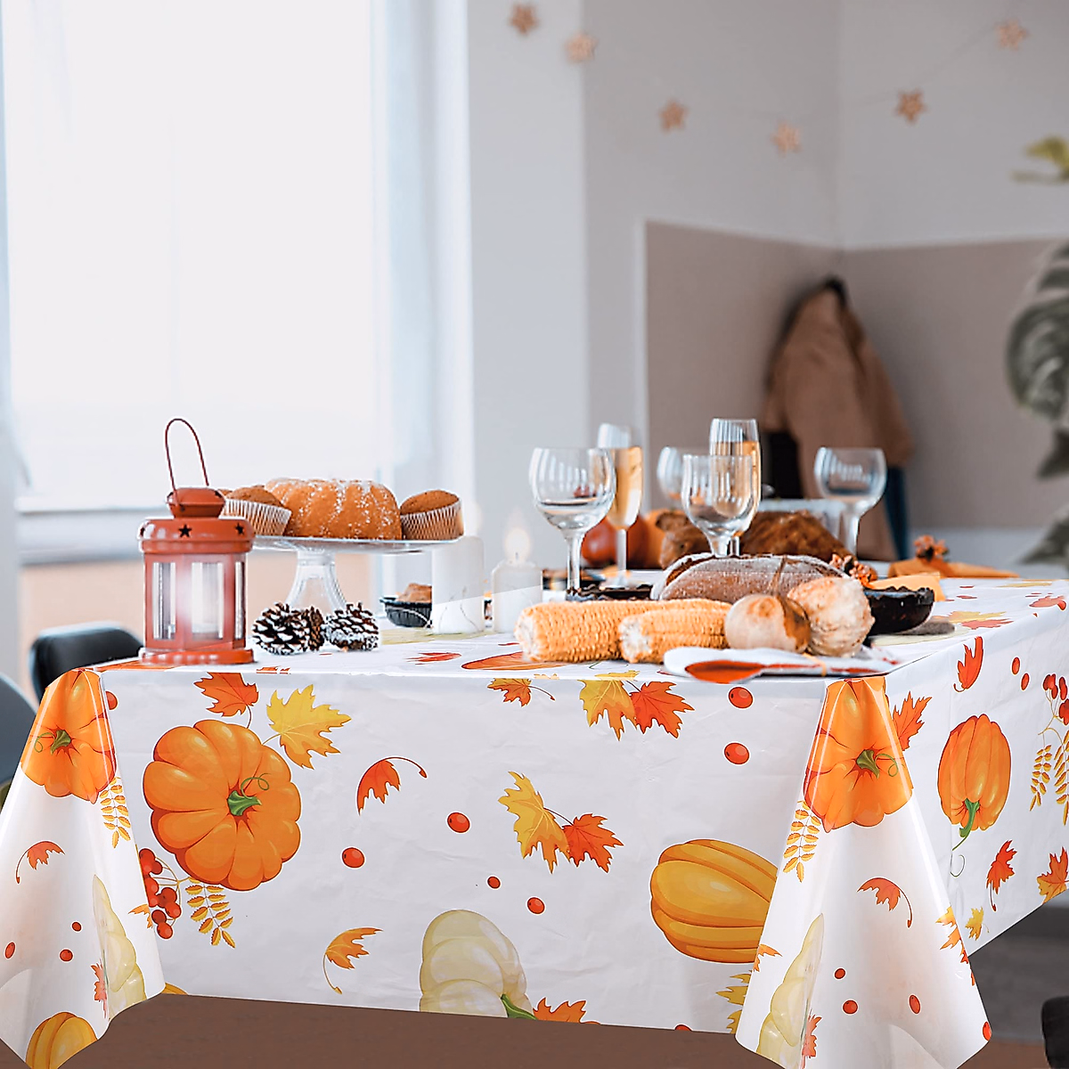 2 PCS Fall Pumpkin Plastic Tablecloth Thanksgiving Party Tablecloths Maple Leaf Berries Table Cover Rectangle Disposable Tablecloths for Autumn Harvest Party Holiday Dining Home Decor, 54" x 108"