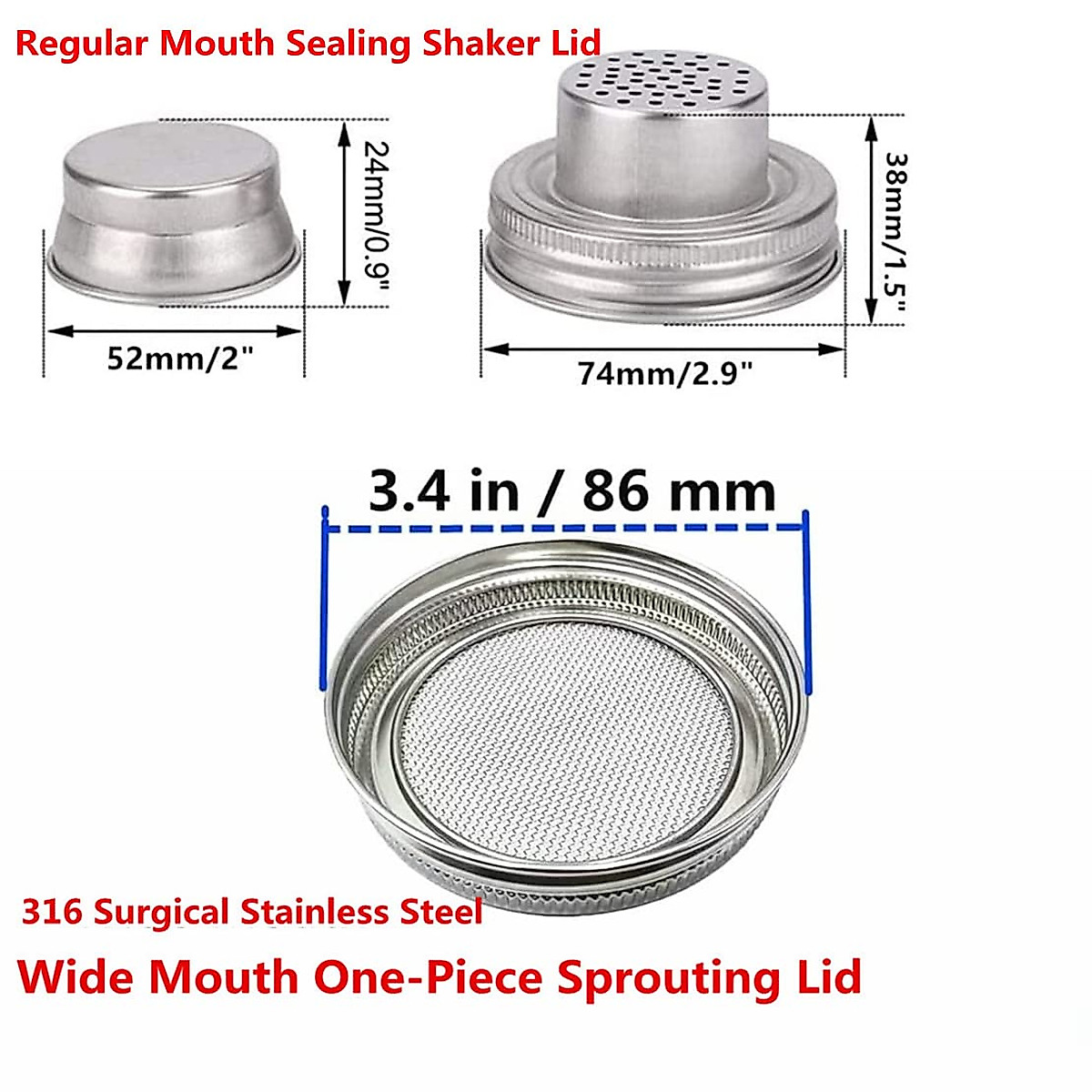 Mason Jar Canning Sealing Shaker Strainer Lid 316 Stainless Steel Wide Mouth Sprouting Lids Screen Mesh Strainer Lid for Salad Sprouts Alfalfa Broccoli Seeds Sprouter Kit Rust-Proof
