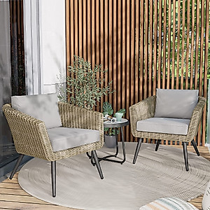 Grand patio 3-Piece Patio Bistro Set with Coffee Table & Gray Cushions Wicker Outdoor Conversation Chairs Sets with Heavy-Duty Anti-Rust Aluminum Frame for Balcony Yard