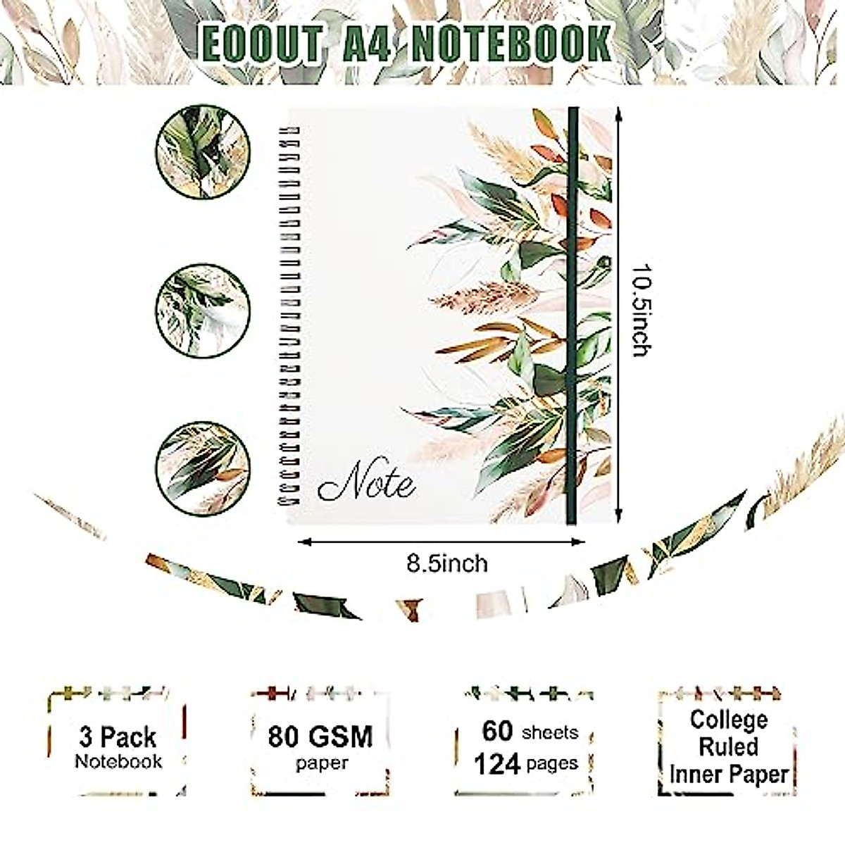 EOOUT 3pcs Aesthetic Spiral Notebook Journal For Women 10.5 x 8.5 Inches College Ruled Notebook Perfect to Stay Organized and Boost Productivity at Work or School