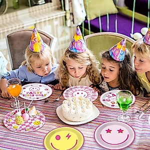 48PCS Preppy Party Supplies 7inch Pink Smile Face Paper Plates Preppy Smile Face Party Tableware Set Pink Preppy Plates for Baby Shower Birthday Y2k Party Decorations