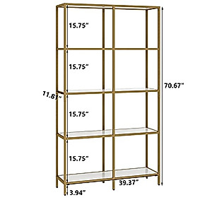 Loomie Gold Etagere Bookshelf Bookcase, 39.37" W x 70.66" H Modern 5-Tier Freestanding Open Book Shelves, Golden Display Shelf Storage Rack Shelving Unit for Living Room (White)