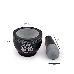 Samhita Tree of Life Natural Stone Mortar & Pestle Mortar Diameter- 3.75"x 2.75" Pestle-5" x 1.5"