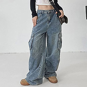 Jeans for Women Y2k Low Waist Wide Leg Denim Jeans Loose Baggy Cargo Jeans Vintage E-Girl Streetwear (Blue2, M)