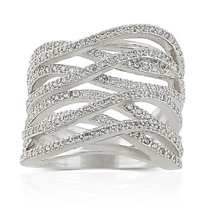 JanKuo Jewelry Rhodium Plated Cubic Zirconia Criss Cross Wide Band Cocktail Ring (6)