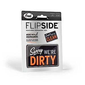 Genuine Fred FLIPSIDE Dishwasher Sign, Double-Sided, Works on all ALL Dishwashers, Self-Adhesive Magnet Included, Durable & Water Resistant, Fun Kitchen Gadget for Families and Roommates, 2.5" x 3.5"