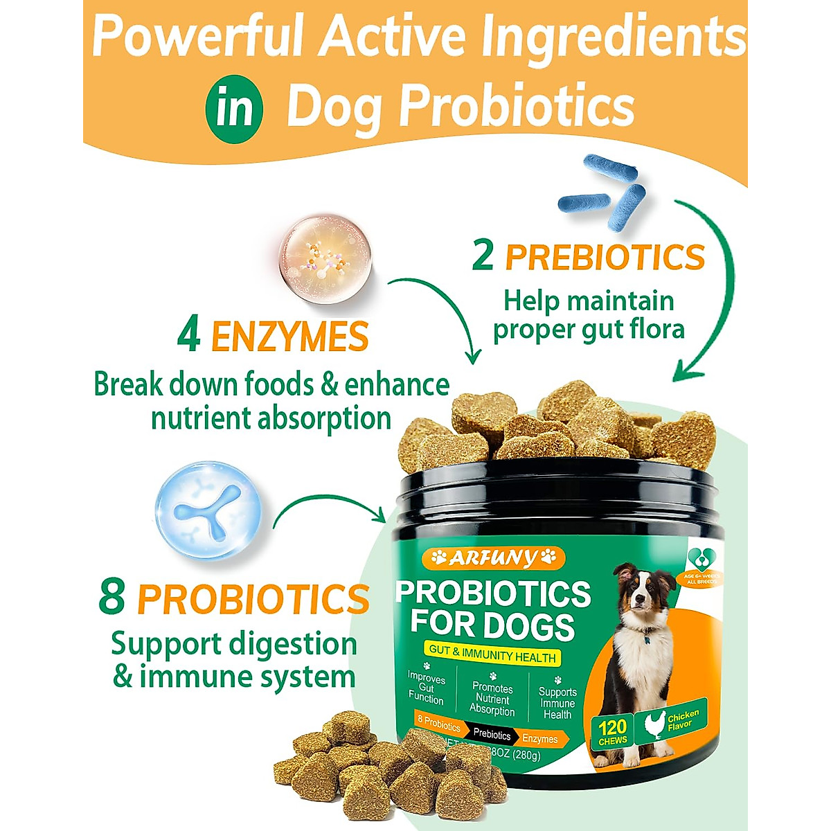 Probiotics Chews for Dogs with Prebiotic & Digestive Enzymes,Support Gut Health, Digestion, Immunity, Relief Seasonal Allergies, Diarrhea, Constipation (Chicken Flavor / 120 Chews)