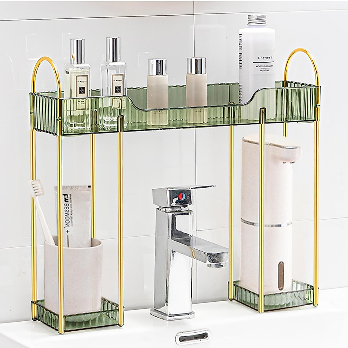 GHWMYD Bathroom Counter Organizer Cosmetics Skincare Shelf Organizer Bathroom Organizer Countertop Makeup Organizer Bathroom Shelf Organizer on The Faucet for Bathroom Kitchen Dresser （Green）