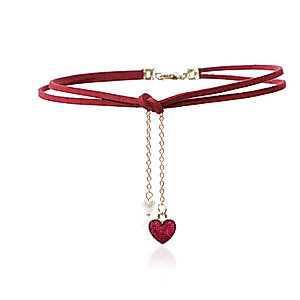iuviwey Heart Choker Necklace for Women 2Pcs Double layer Red Chokers (Claret Red)