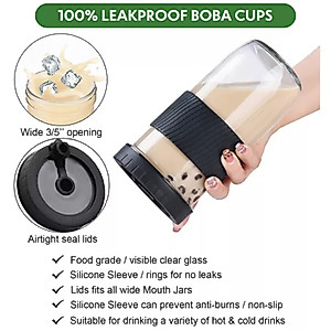 Reusable Boba Cup Bubble Tea Cup 8 Pack, 24Oz Wide Mouth Smoothie Cups with Lid, Silicone Sleeve & Angled Wide Straws, Leakproof Glass Mason Jars Drinking Water Bottle Travel Tumbler for Large Pearl