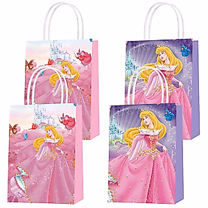 16 Pcs Sleeping Beauty Party Paper Gift Bags, 2 Styles Party Favor Bags with Handles for Princess Aurora Party Decorations, Goody Bags Candy Gift Bags for Boys Girls Kids