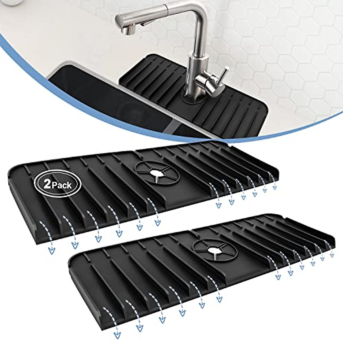 Silicone Faucet Handle Drip Catcher Tray, 2 Pack Silicone Faucet Mat for Kitchen Sink, Sink Splash Guard Behind Faucet, Faucet Drip Catcher to Keep Kitchen Clean and Dry 14.6''x5.4'' (Black)