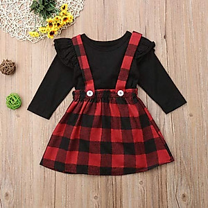 Mubineo Toddler Baby Girl Infant Plain T Shirts Plaid Overall Skirt Set Cotton Outfits (Black+Red, 6 Years)
