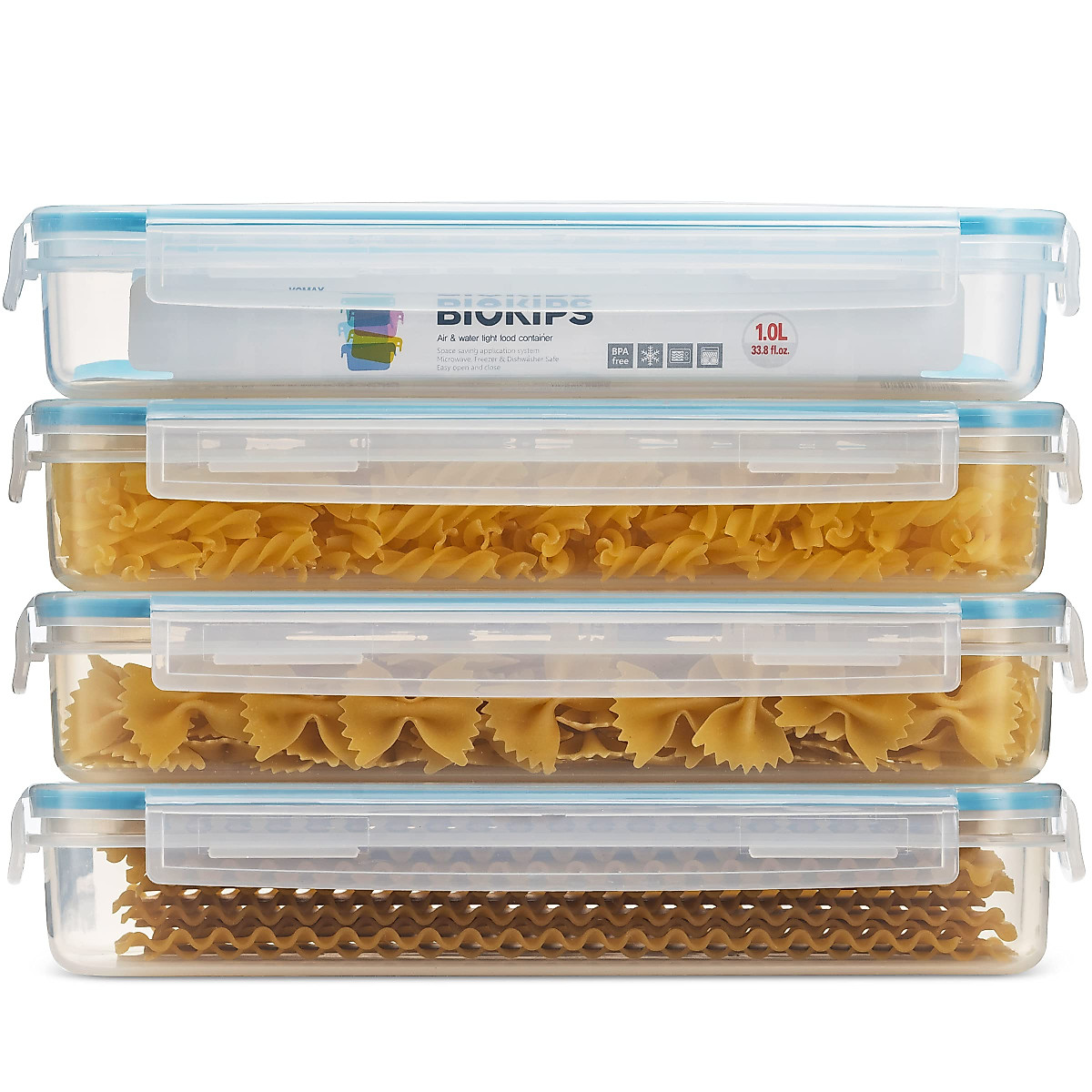 Komax Biokips Pasta Storage Containers Set of 4 – BPA-Free Rectangular Plastic Containers with Lids – Microwave & Dishwasher Safe Airtight Containers – Noodle, Pasta, & Spaghetti Container (33 oz)