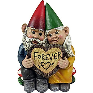 DWK World of Wonders Gnome & Forever - Adorable Hand-Painted Gnome Couple in Love with Heart-Shaped Forever Wood Slice Indoor Outdoor Figurine Cute Romantic Home Garden Patio Lawn Accent, 6.5-inch