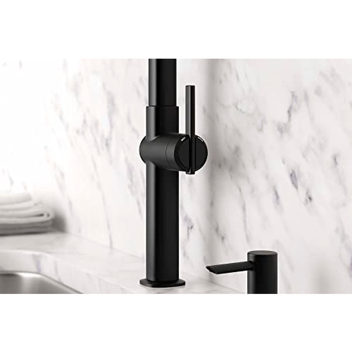 Kohler R22153-SD-BL Rune Single Handle Kitchen Faucet with Pull Down Sprayer and Soap Dispenser, Matte Black