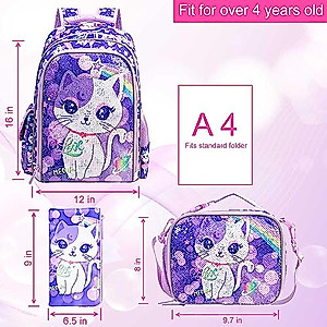 3PCS Cat Backpack for Girls, 16" Sequin Bookbag and Lunch Box for Kids, Water resistant Preschool Backpacks for Elementary Students