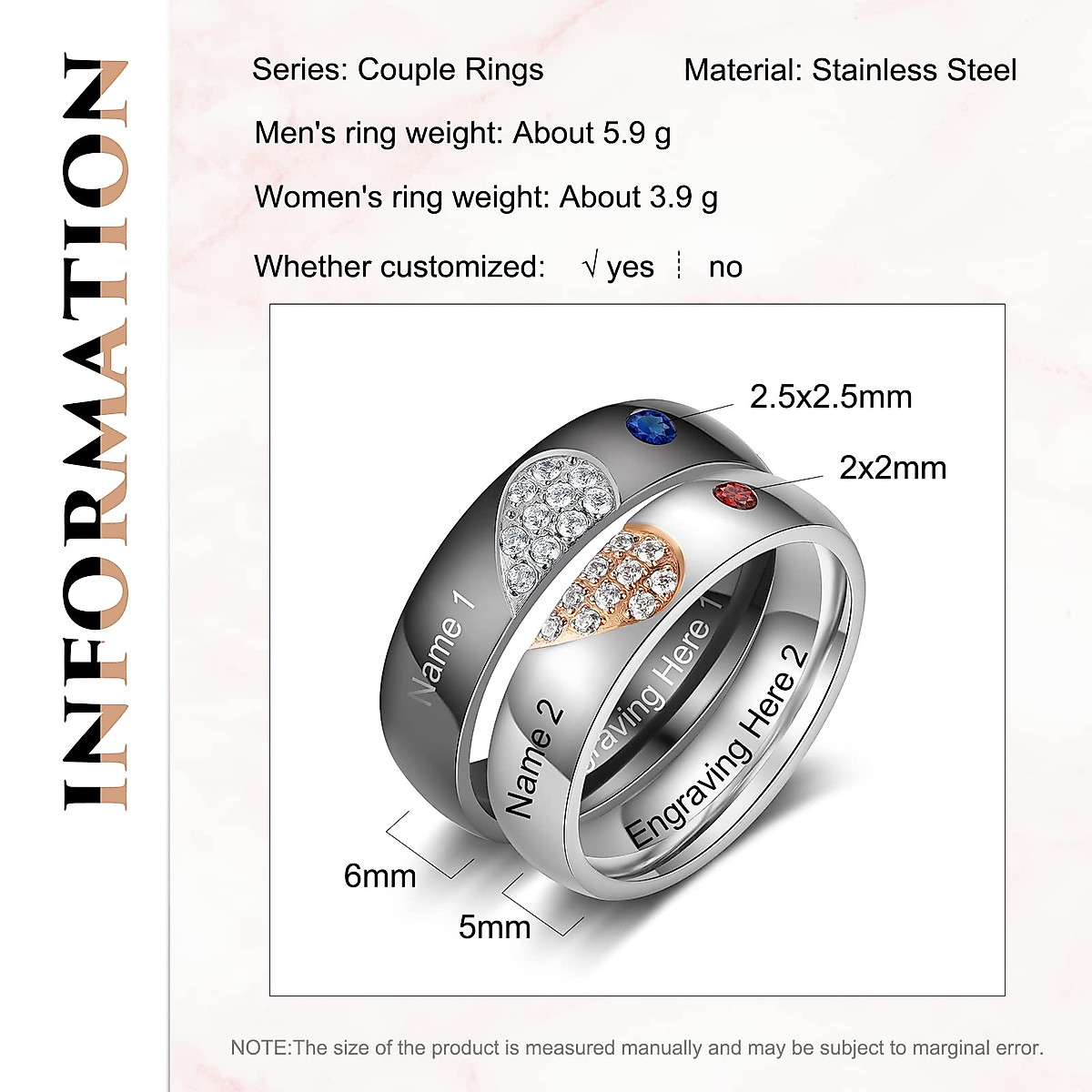 Luxladis Personalized Couples Rings Set for Him and Her Promise Rings for Couples Free Engraving Custom Name Stainless Steel Engagement Rings for Couples Valentines Day (Heart Couple ring)