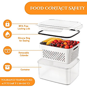 Midgod 3 Pack Fruit Storage Containers for Fridge, Leakproof Fruit Containers For Fridge with Removable Colanders/Basket, 2 in 1 Produce Containers with Lid for Salad Berry Vegetables Meat Keeper