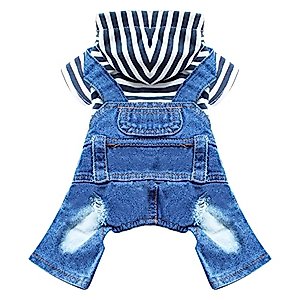 DOGGYZSTYLE Small Dog Hoodie Clothes Cute Stripe Shirts Denim Jumpsuit One-Piece Outfit for Small Medium Dogs Cats Boy Girl Chihuahua Blue Jeans Overalls Puppy Costume (Blue,XS)