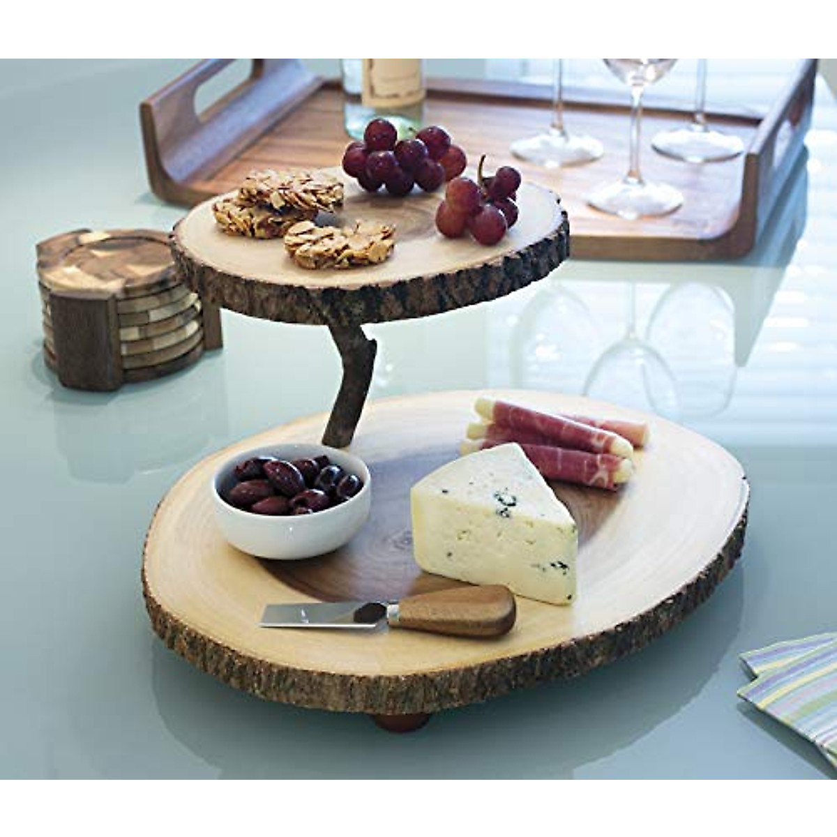 Lipper International Acacia 2-Tier Tree Bark Server for Meats, Cheeses, and Crackers,Acacia Tree Bark, 14"L x 14"W x 8"Th