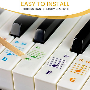 QMG Color Piano and Keyboard Stickers and Complete Color Note Piano Music Lesson and Guide Book for Kids and Beginners
