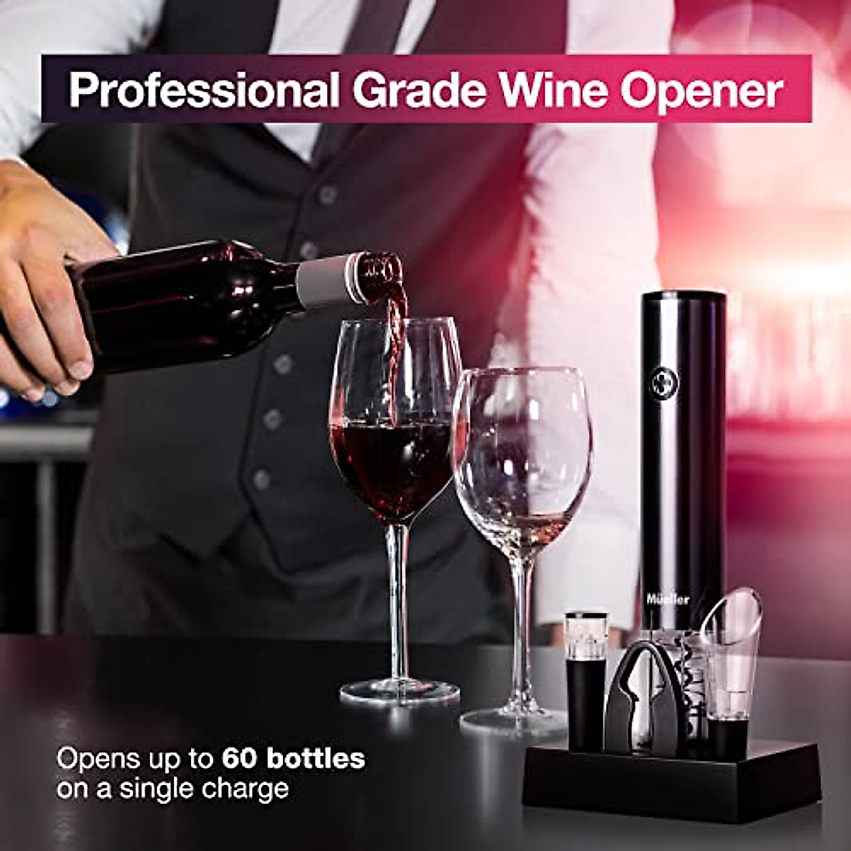 Mueller Electric Wine Opener Set - Rechargeable Batteries and USB Charging Cable - Electric Corkscrew Opener with Foil Cutter, Wine Pourer, Vacuum Stopper (Batteries Included), Valentines Day Gifts