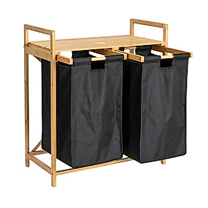 Household Essentials Bamboo Pull Out Double Hamper with Shelf, Natural and Black