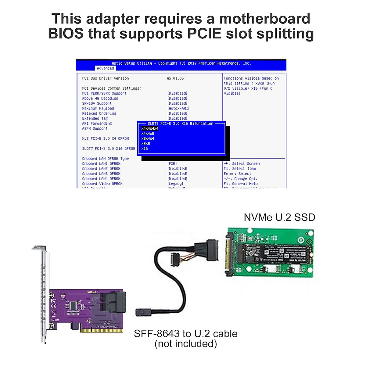 PCIe to SFF-8643 Adapter for U.2 SSD, X8, (2) SFF-8643. Support Windows 10/2016/2019, REHL/Cent0S 7/8, VMware ESXi 6/7, Ubuntu Linux 18/20/21, etc.
