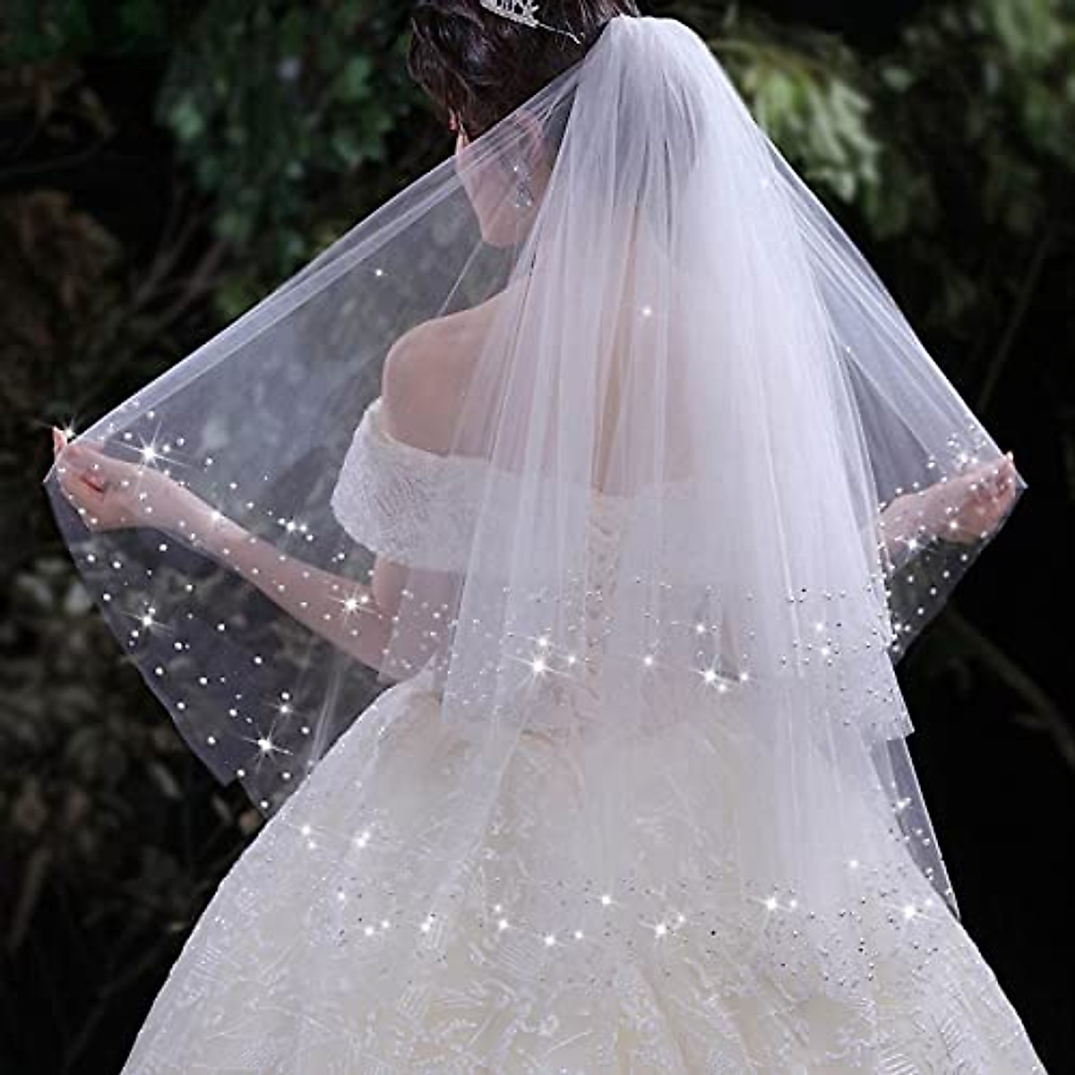 AMAJIERUIZE Women's Short 2 Tier Pearls Wedding Bridal Veil With Metal Comb (Ivory)