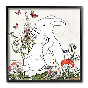 Stupell Industries Rabbit Hugs in Spring Meadow Butterfly Garden, Design by Sangita Bachelet Black Framed Wall Art, 12 x 12, Off- White
