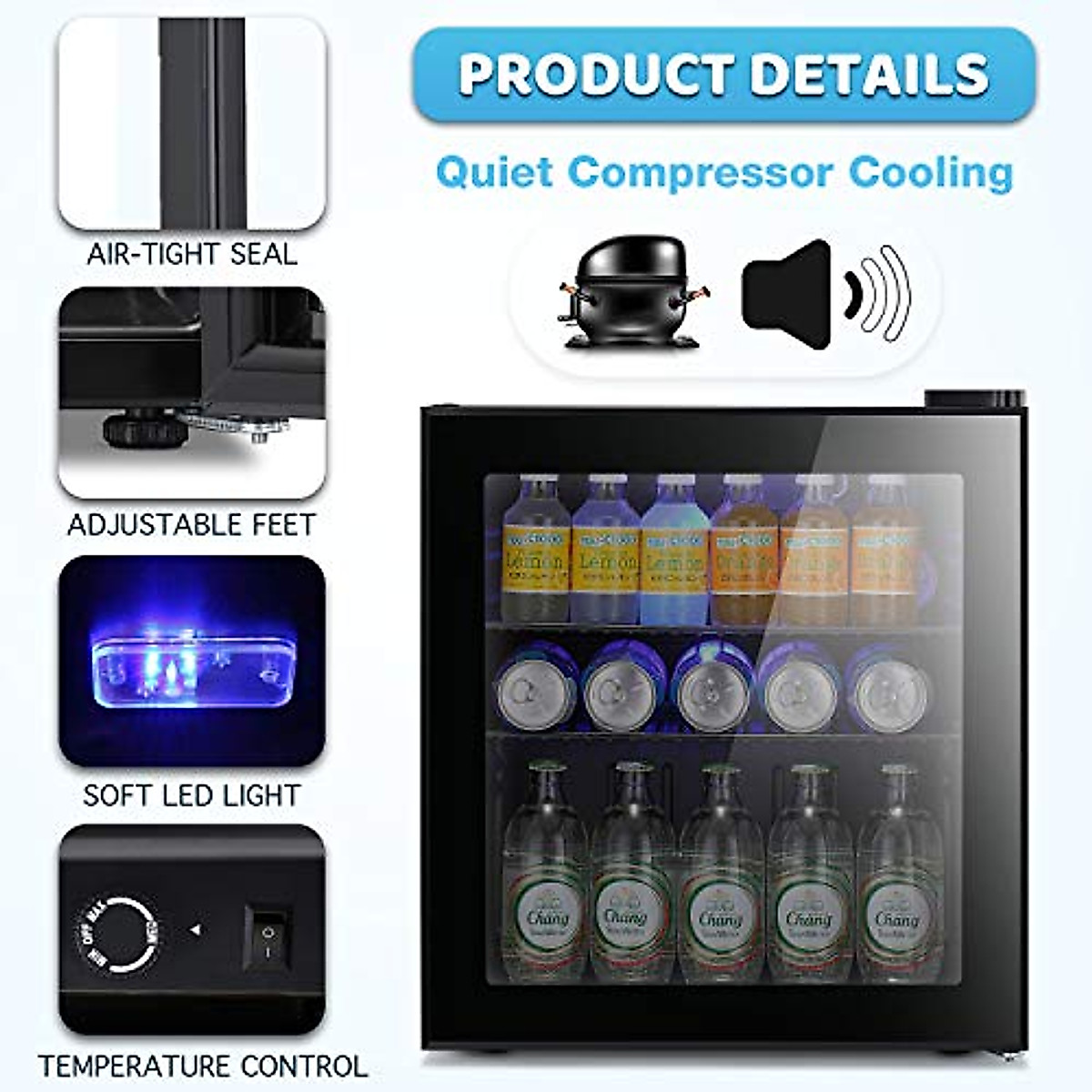 Antarctic Star Mini Fridge Cooler - 70 Can Beverage Refrigerator Black Glass Door for Beer Soda or Wine –Small Drink Dispenser Machine Clear Front Removable for Home, Office or Bar, 1.6cu.ft.