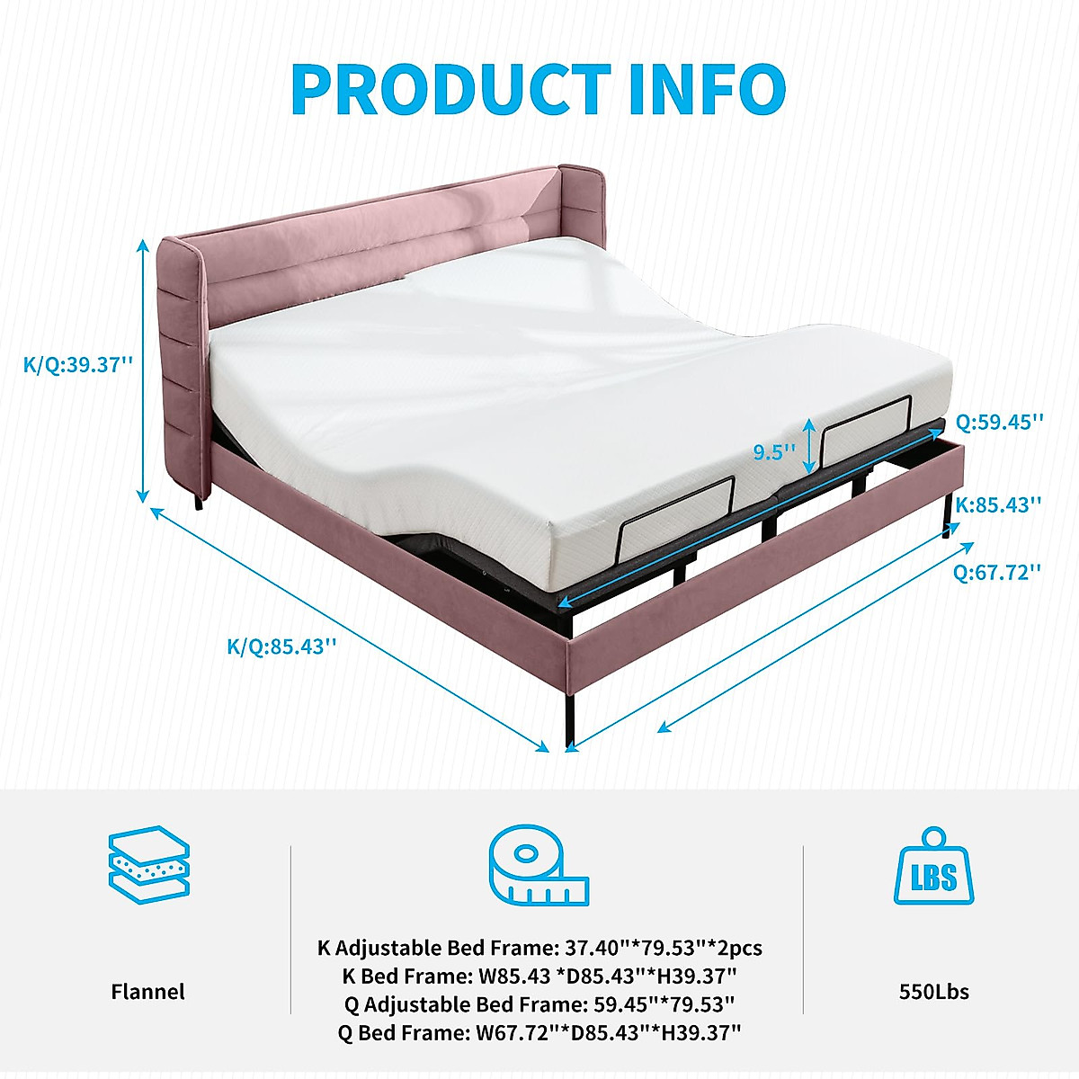 Mjkone Ergonomic Queen Size Adjustable Bed Frame Base, Zero Gravity Adjustable Bed w/Head and Foot Incline, Zero Clearance, Wireless Remote Control, Anti-Snore, Platform Frame Compatible, Light Grey