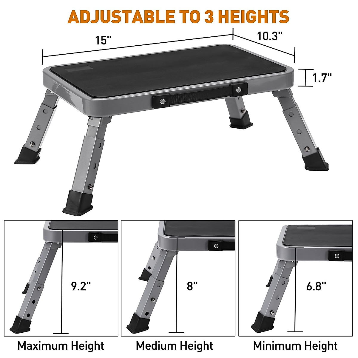 BOCOM One Step Stool, Height-Adjustable Lightweight Portable Folding Small Metal Step Ladder with Handgrip, Non-Slip Platform, Heavy Duty 330 lbs Capacity, for Home, Kitchen, Closet, RV, Adults Kids