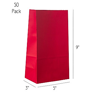 Red Party Favor Bag - 50 Pack Red Kraft Paper Lunch Food Grade Gift Bags for Chinese New Year, Valentine's Day, Christmas and 4th of July - 5"x3"x9"