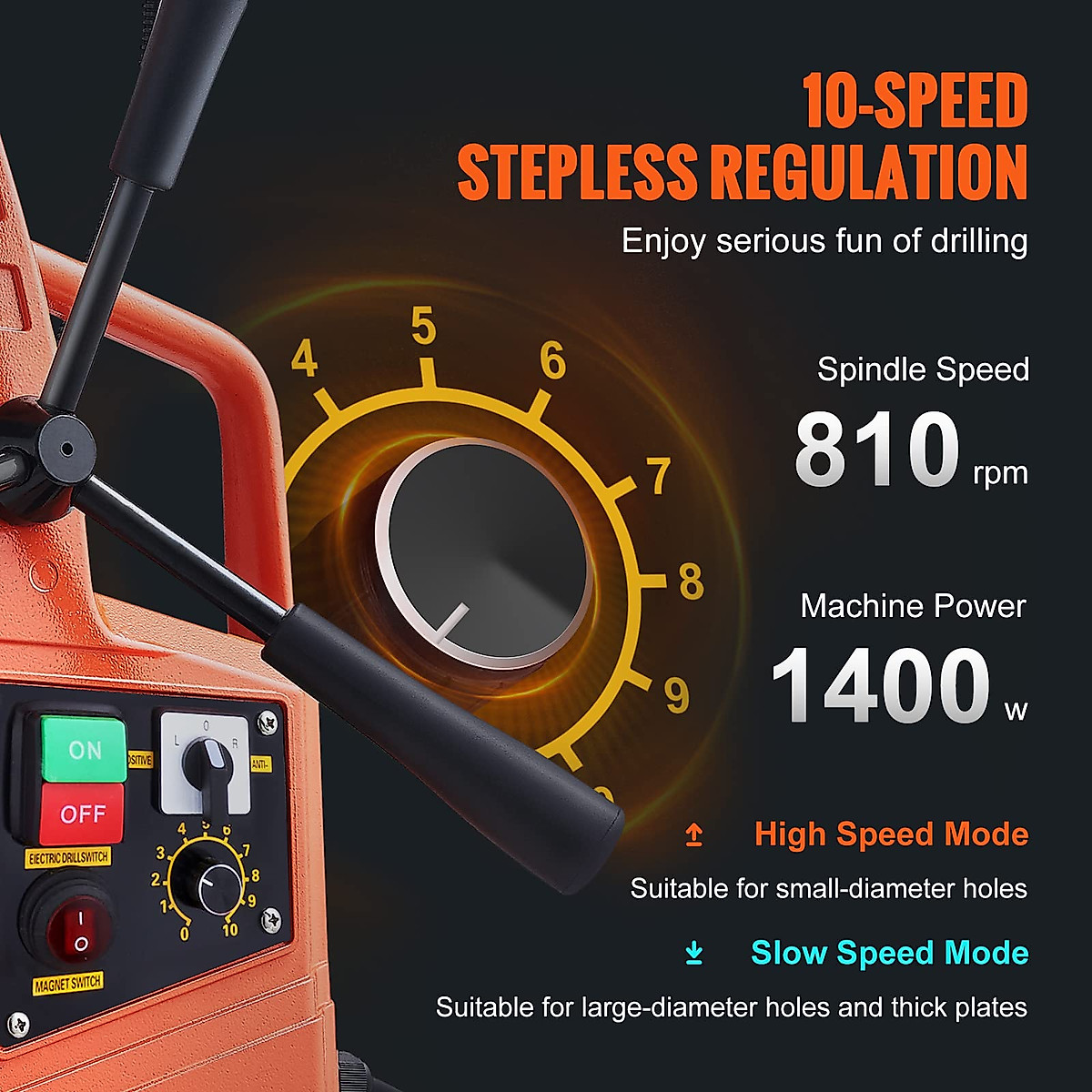 VEVOR Magnetic Drill, 1400W 2" Boring Diameter, 2922lbf/13000N Portable Electric Mag Drill Press with Variable Speed, 810 RPM Drilling Machine for any Surface Home Improvement Industry Railway