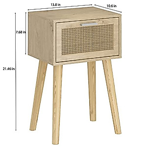 LAATOOREE Nightstand Set of 2, Boho Bedside Table with Rattan Door Solid Wood Feet for Bedroom Living Room Small Space