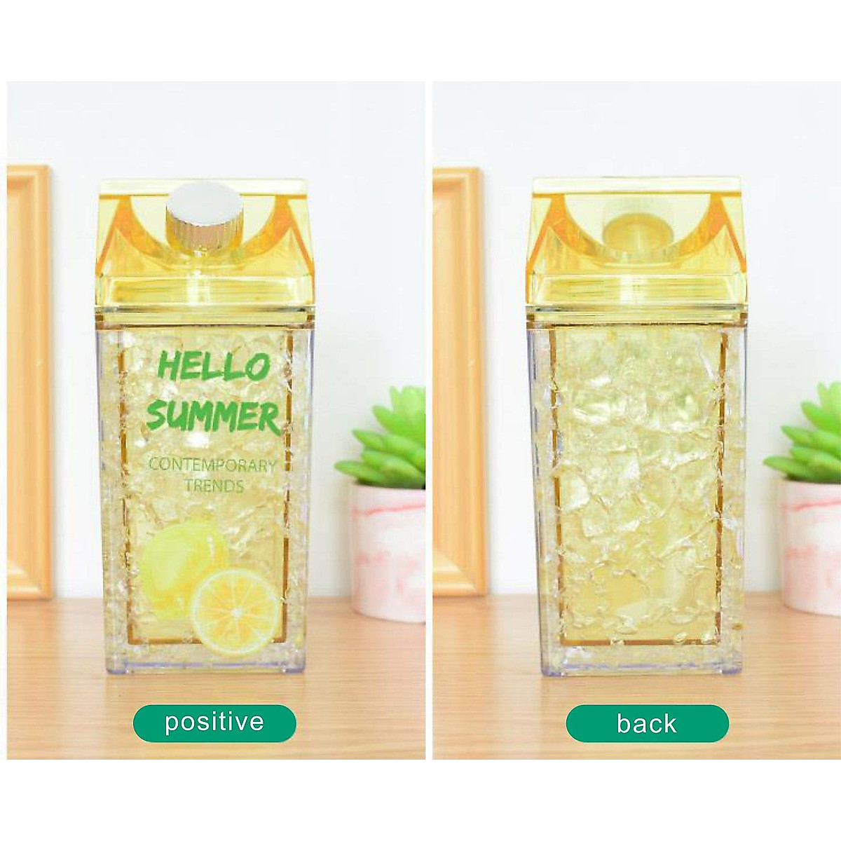 2 Pack Milk Carton Water Bottle, Kids Water Bottle with Leak Proof Lids and Straw,Double Wall Gel Insulated Freezer Drink Bottle,For Outdoor Sports Travel Home School,Water Bottle(400ml)